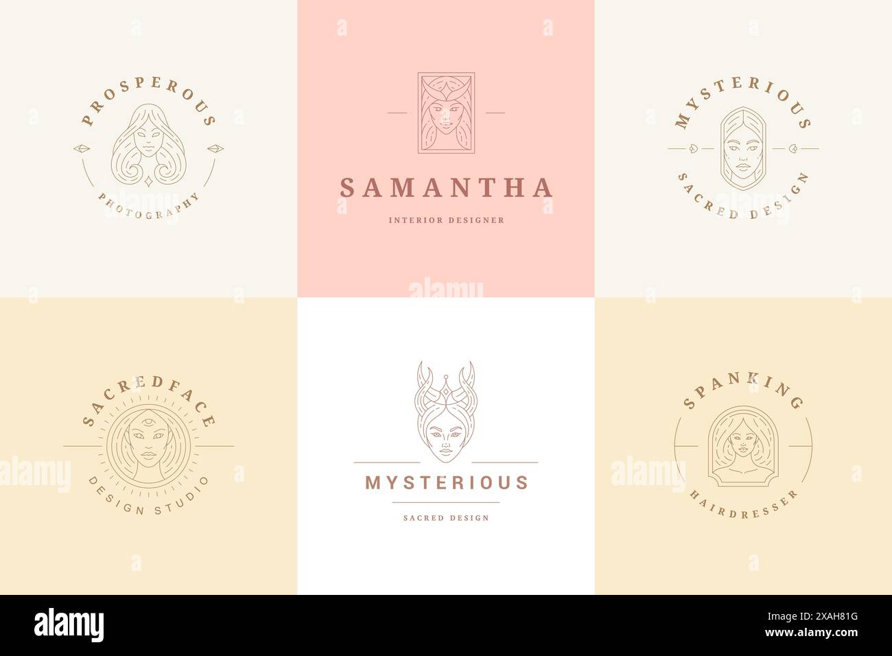 Feminine logos emblems design templates set with magic female portraits ...