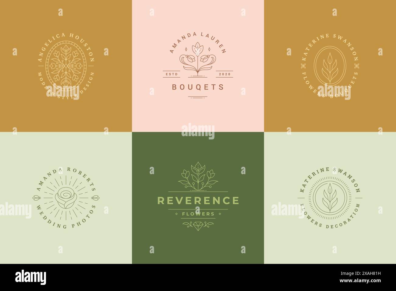 Flower logos emblems design templates set with botanical plants and ...