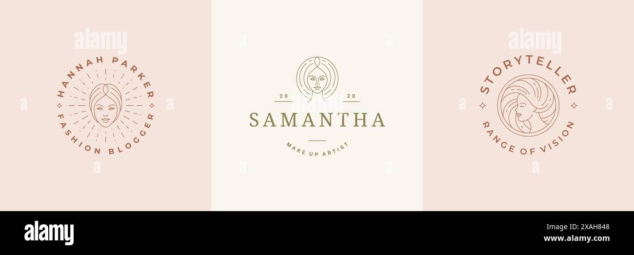 Feminine logos emblems design templates set with celestial woman ...