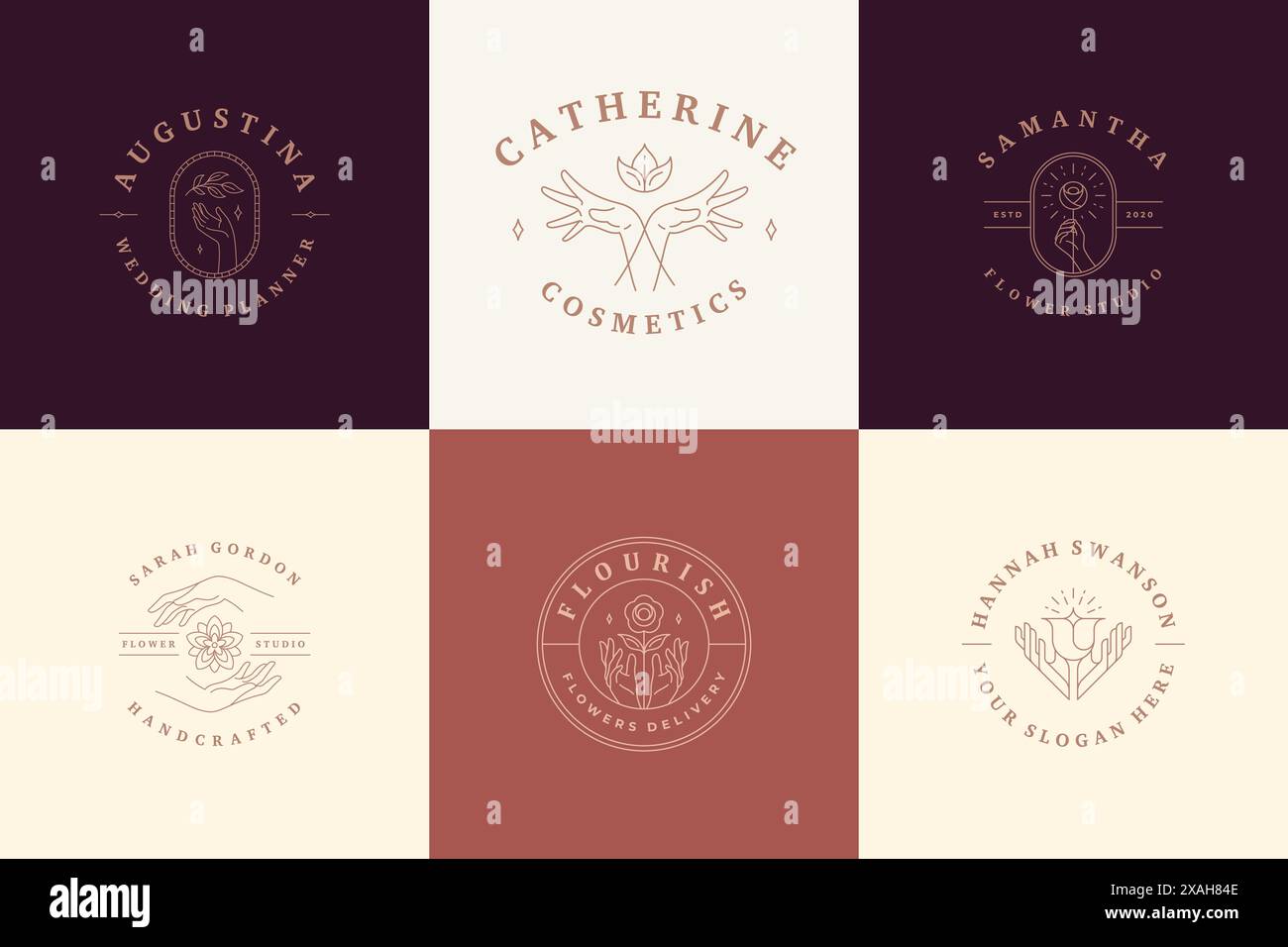 Feminine logos emblems design templates set with female hands and ...