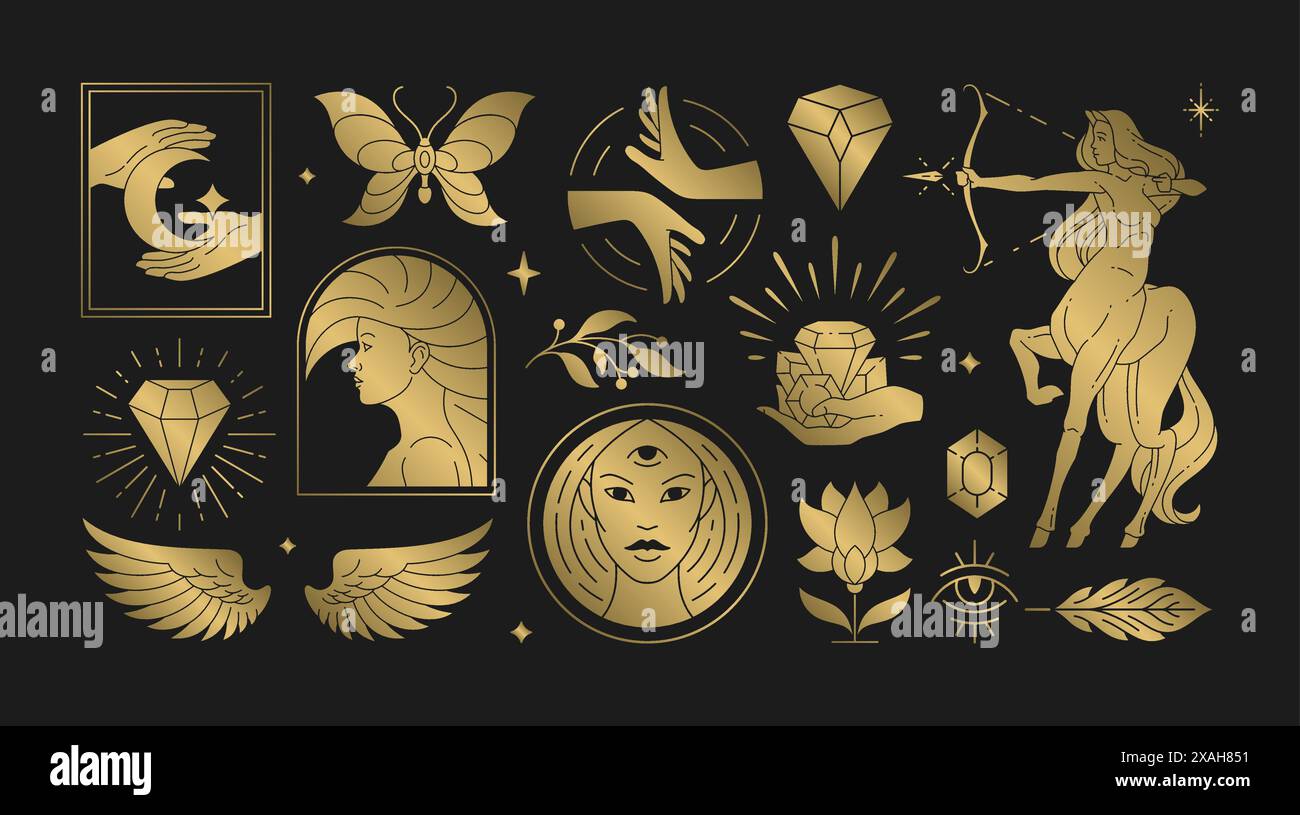 Magic woman boho vector illustrations of graceful feminine women and esoteric symbols set ...