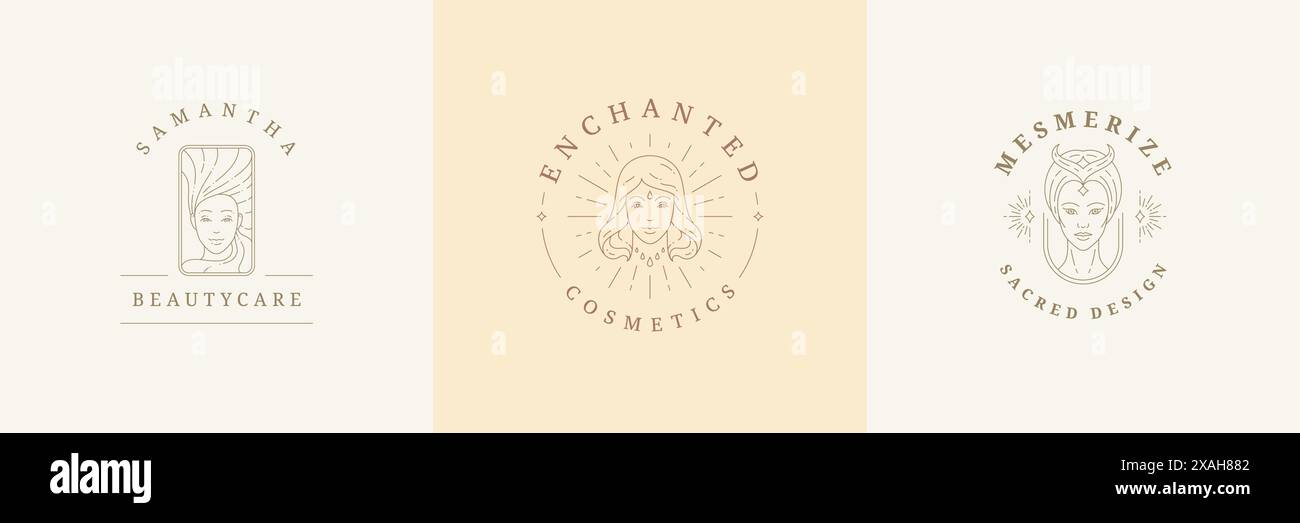 Feminine logos emblems design templates set with magic female portraits ...