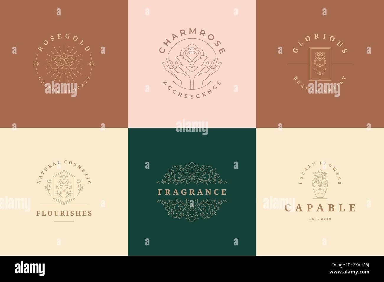 Flower logos emblems design templates set with botanical plants and ...