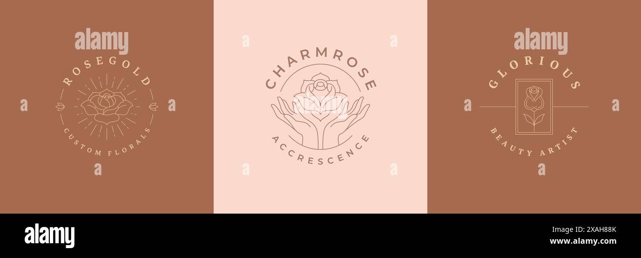 Flowers logos emblems design templates set with botanical plants and ...