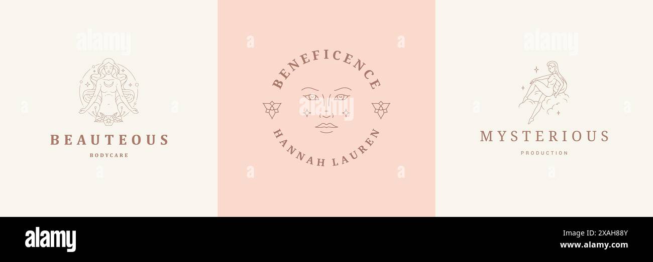 Feminine logos emblems design templates set with magic female vector ...