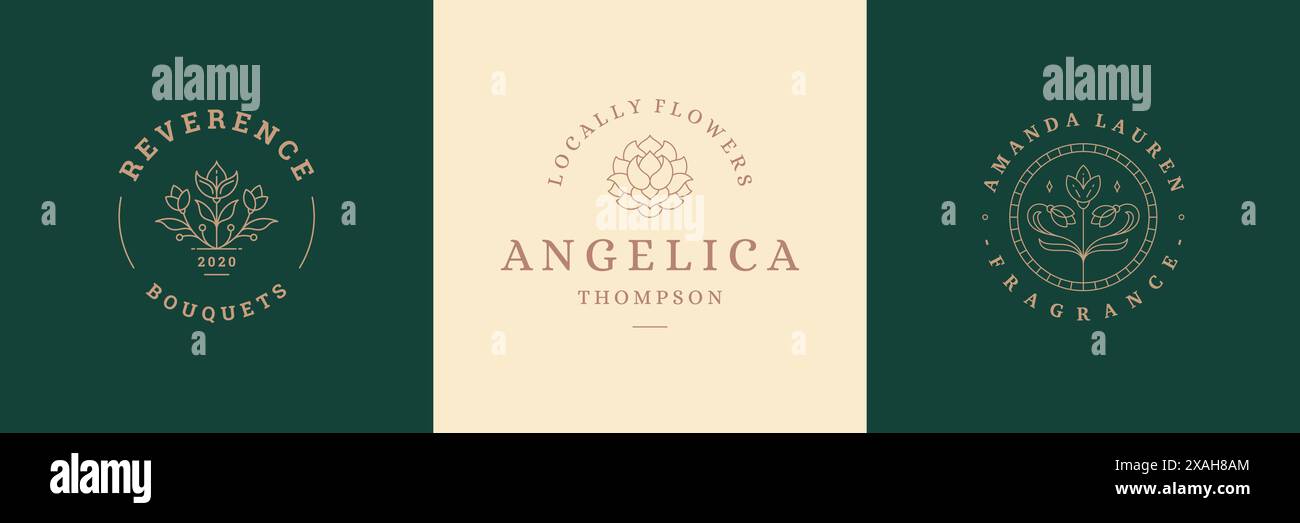 Flower logos emblems design templates set with botanical plants and ...