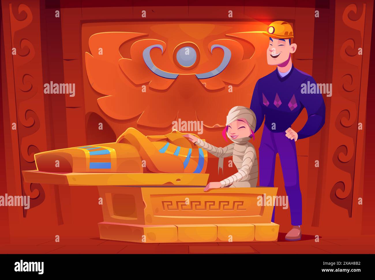 Laughing man standing near smiling woman in mummy bandage costume for ...