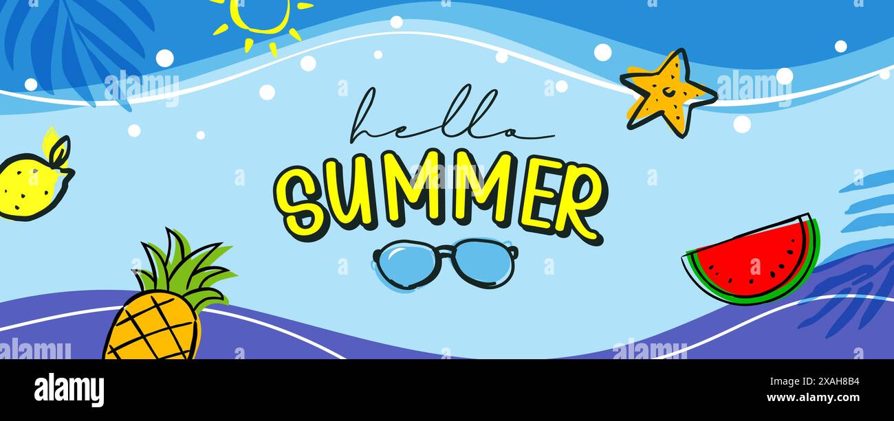 Hello summer banners design hand drawn style. Summer with doodles and ...