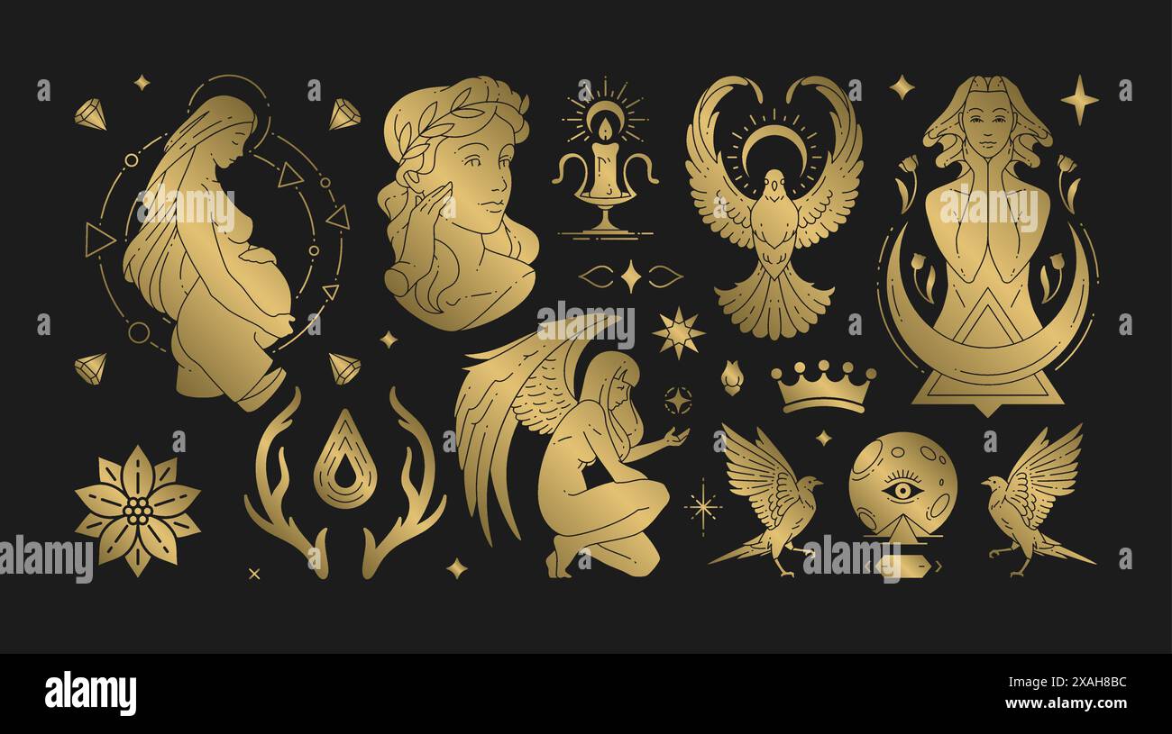 Magic woman boho vector illustrations of graceful feminine women and ...