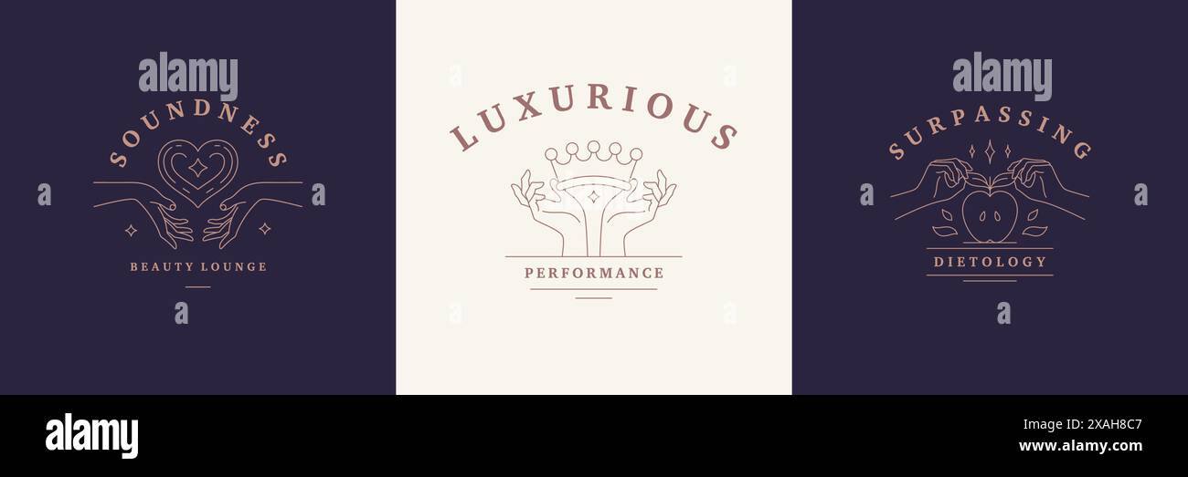 Feminine logos emblems design templates set with female hands and ...