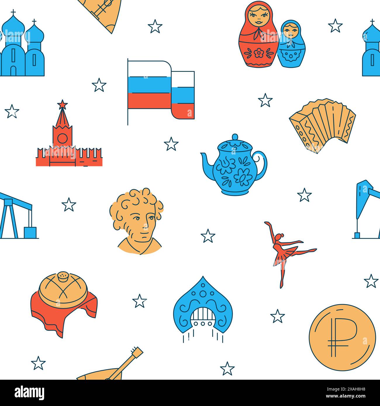 Seamless pattern with Russia national symbols in colored line style ...