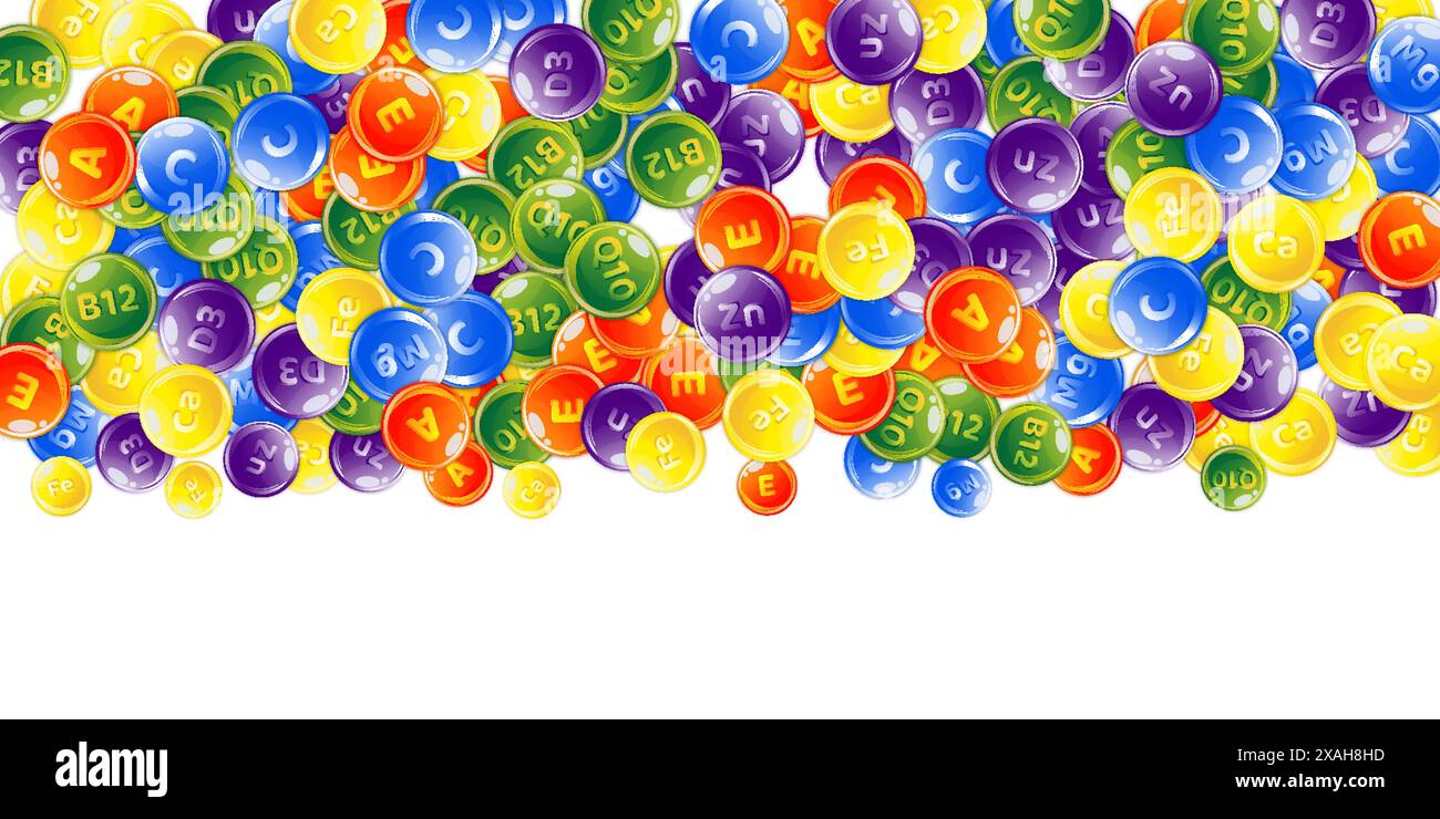 Vitamins and minerals complex. Multivitamins supplement round colorfull ...
