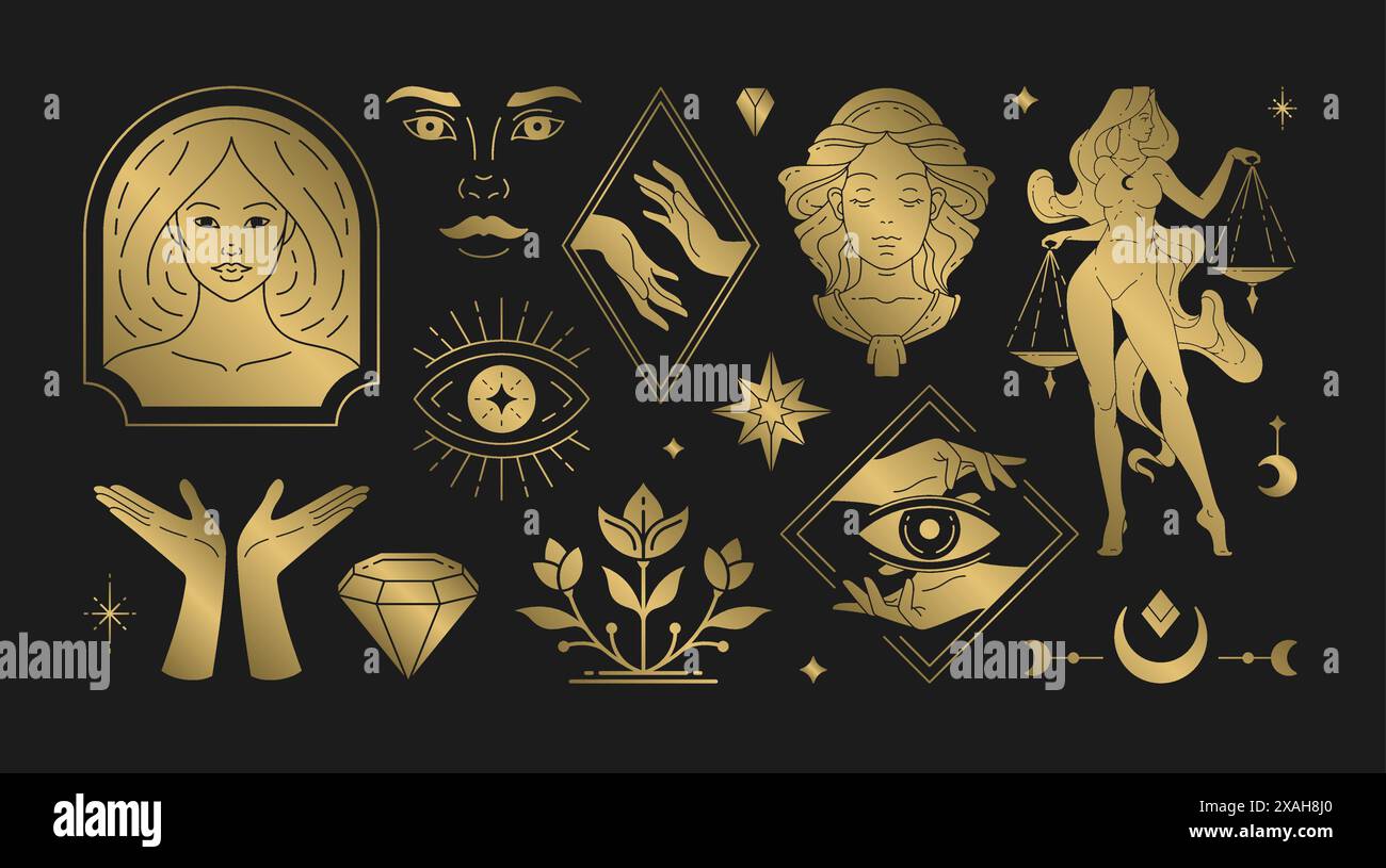 Magic woman boho vector illustrations of graceful feminine women and esoteric symbols set ...