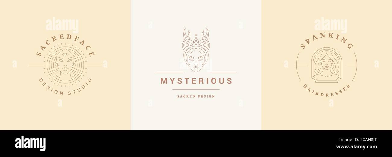 Feminine logos emblems design templates set with magic female portraits ...