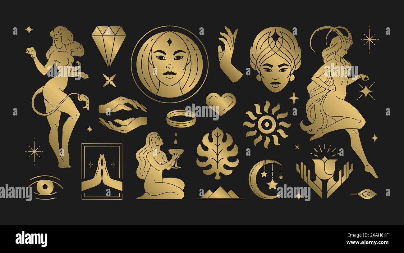 Magic woman boho vector illustrations of graceful feminine women and esoteric symbols set ...
