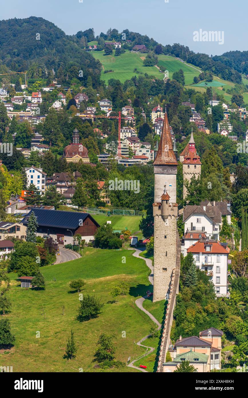 Aerial view of Cityscape of Luzern medieval city with with stone wall ...