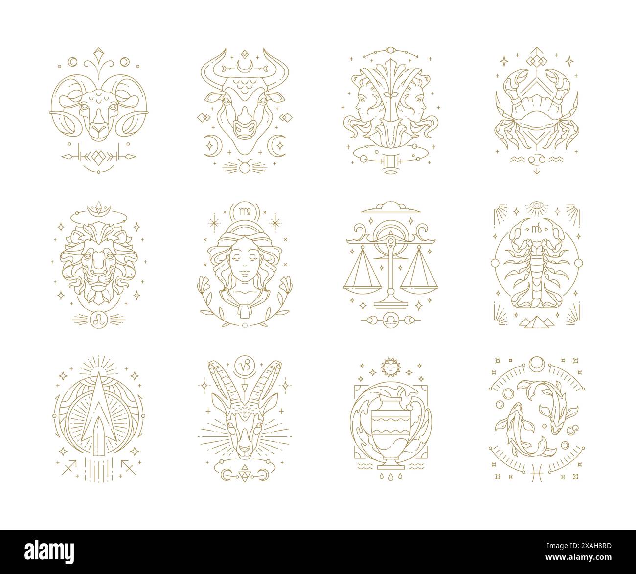 Zodiac astrology horoscope signs linear design vector illustrations set. Elegant line art ...
