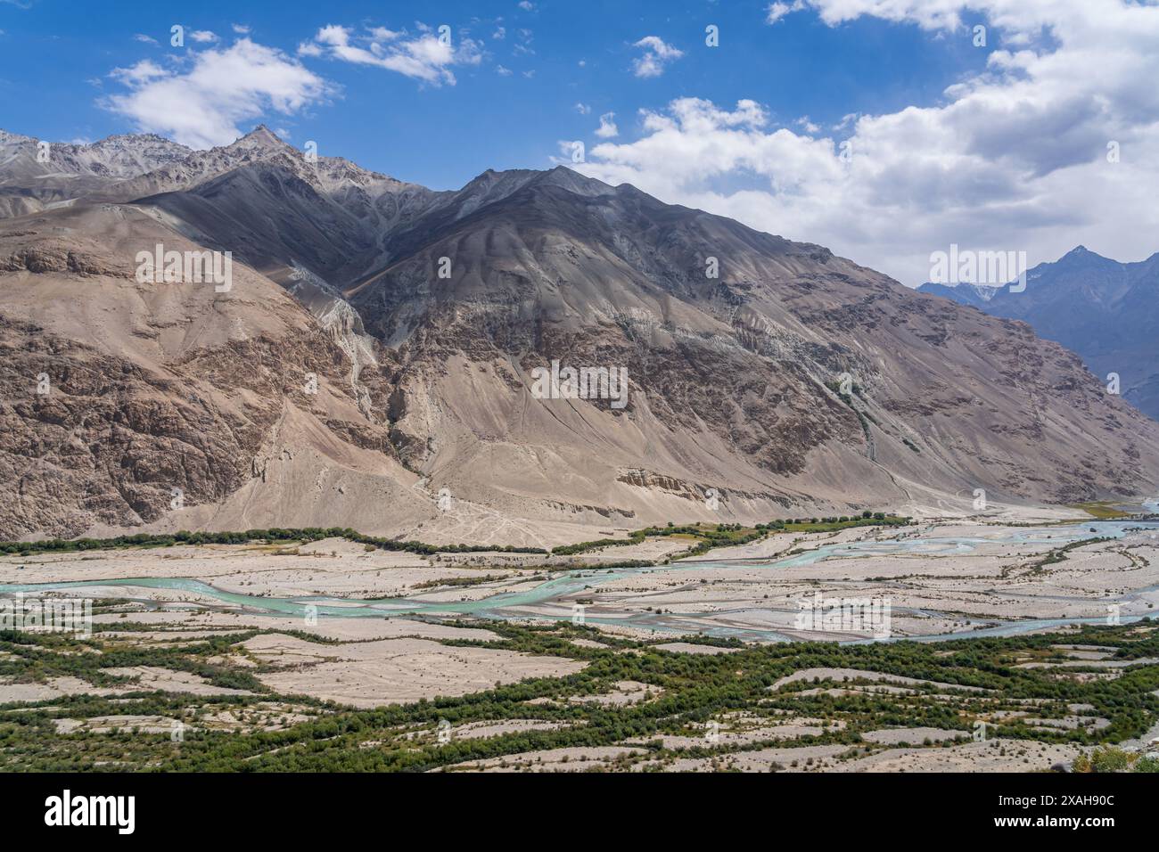 Scenic high altitude landscape view of Pamir river valley bordering ...