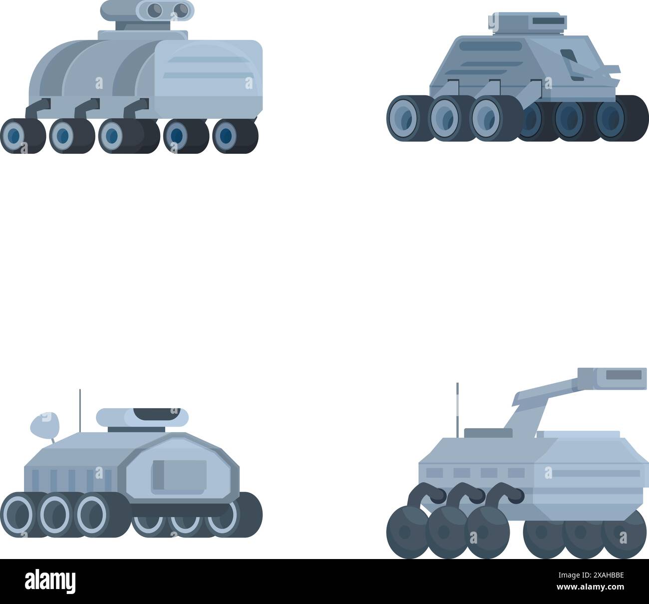 Set of four stylized vector graphics featuring different military tank designs on a white ...