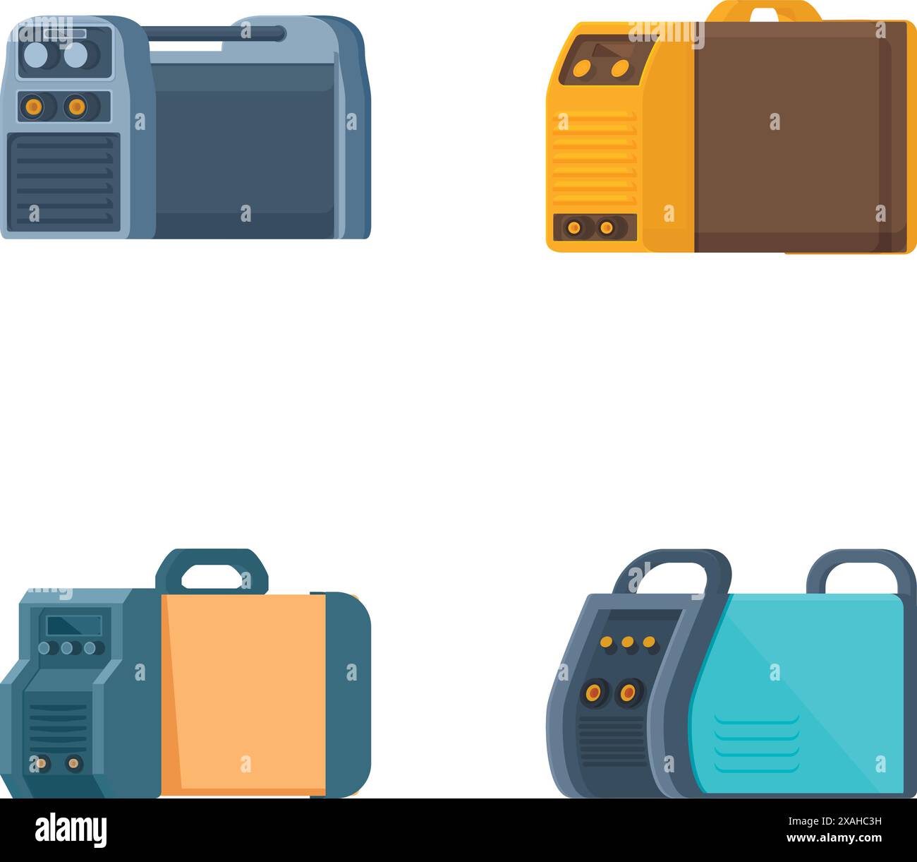 Collection of four cartoonstyle portable generators in various colors ...