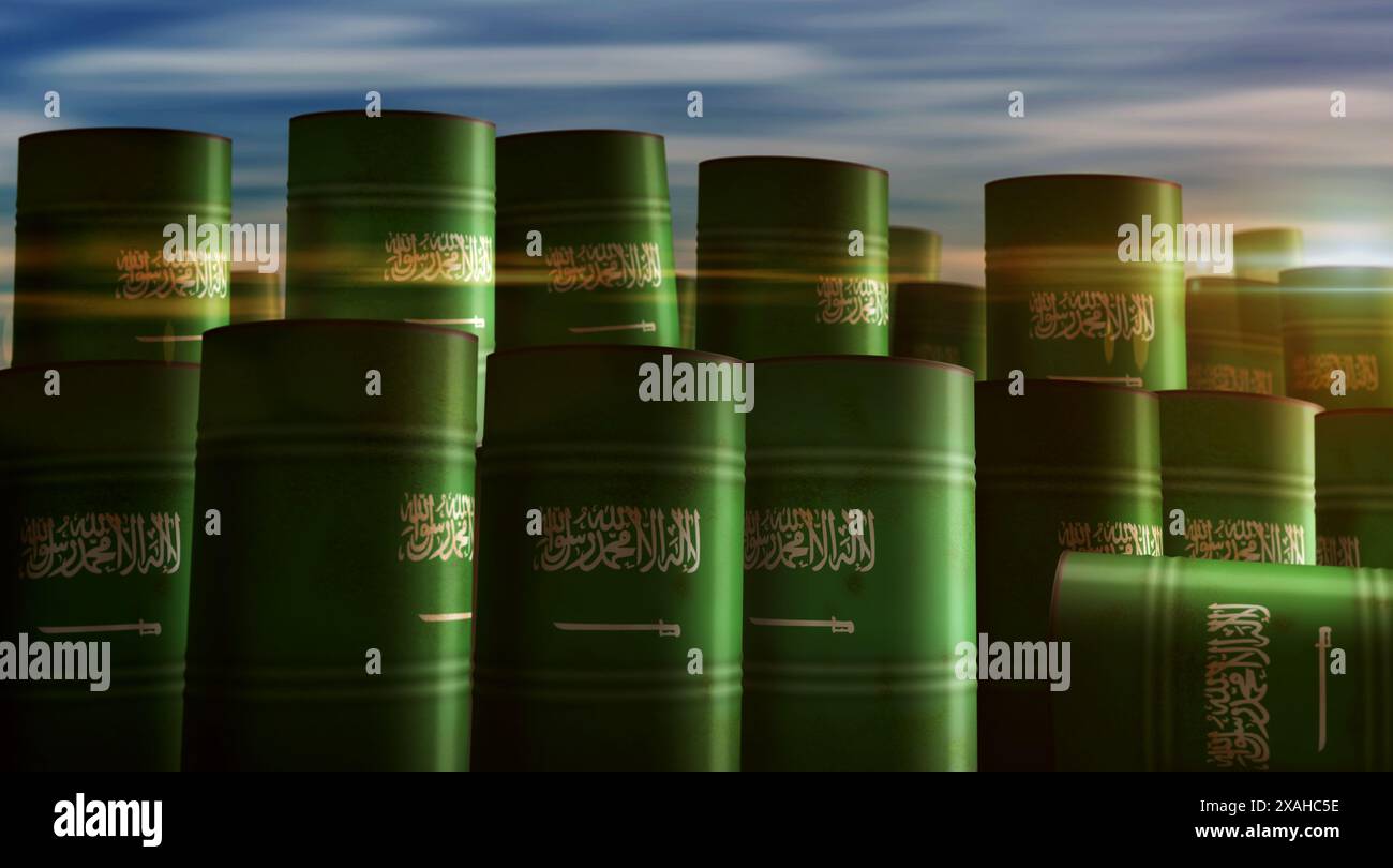 Saudi Arabia oil crude petroleum fuel barrels in row concept. Saudi ...