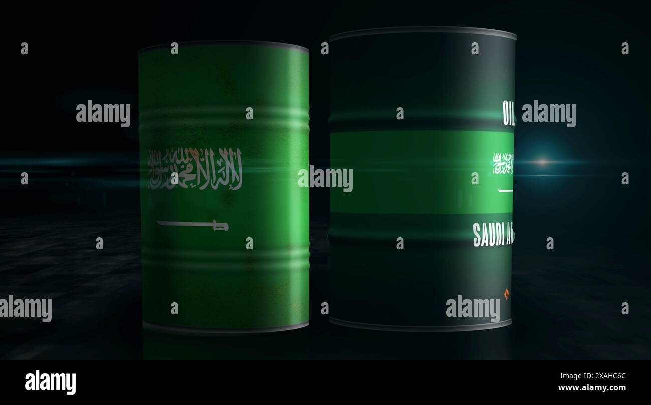 Saudi Arabia oil crude petroleum fuel barrels in row concept. Saudi ...