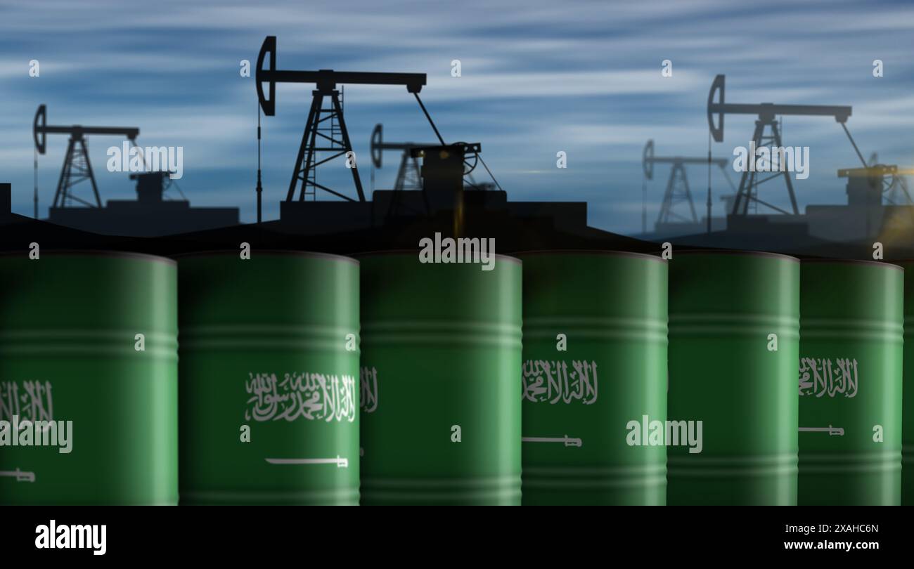 Saudi Arabia oil crude petroleum fuel barrels in row concept. Saudi ...