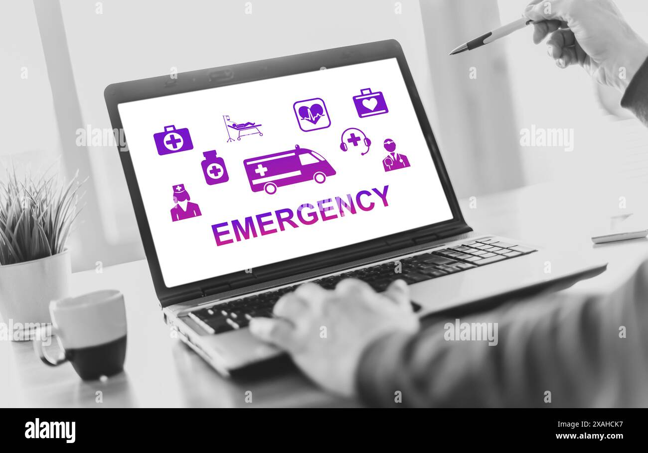 Laptop screen displaying an emergency concept Stock Photo - Alamy