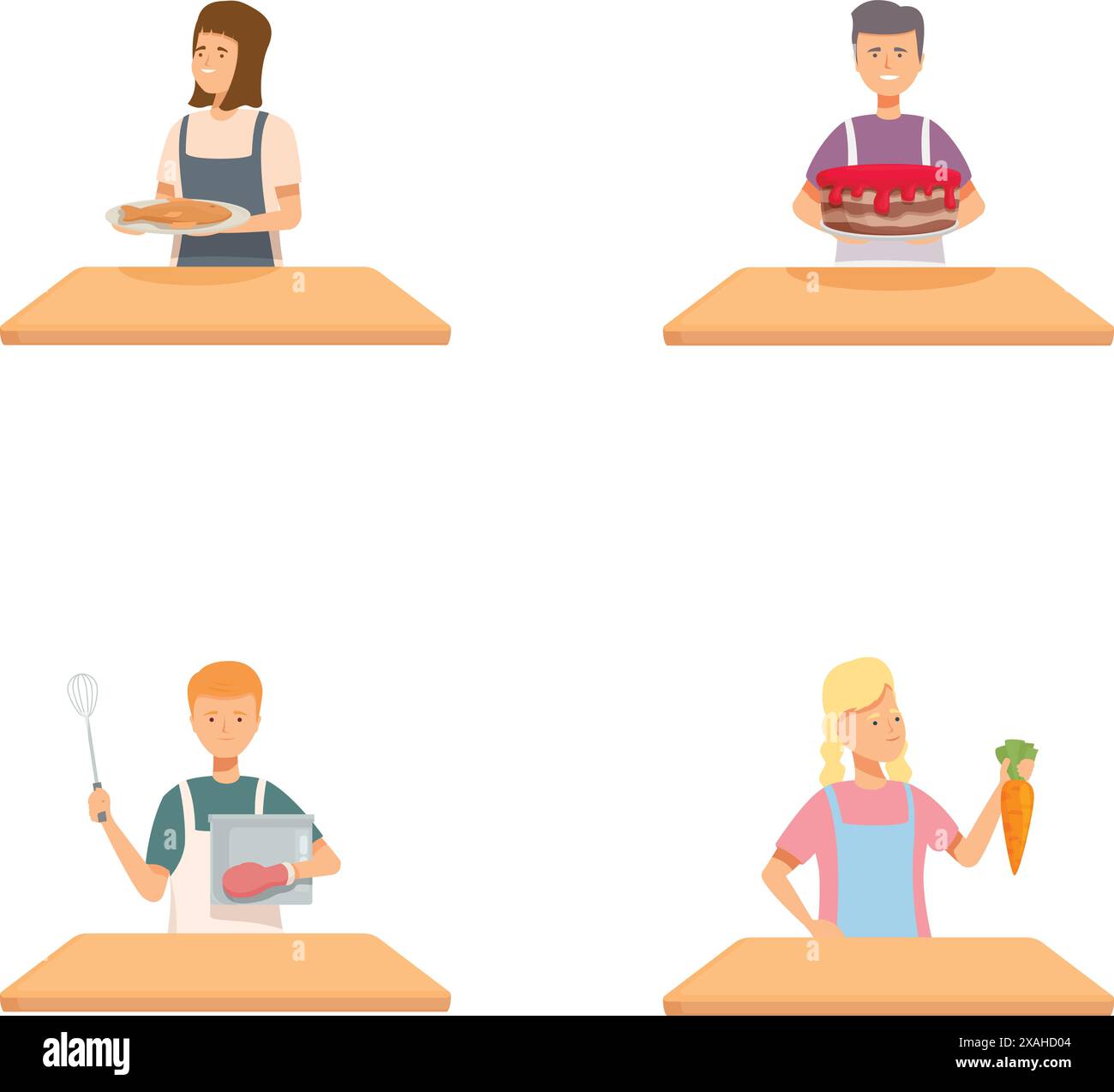 Four professional male and female chefs in action preparing gourmet ...