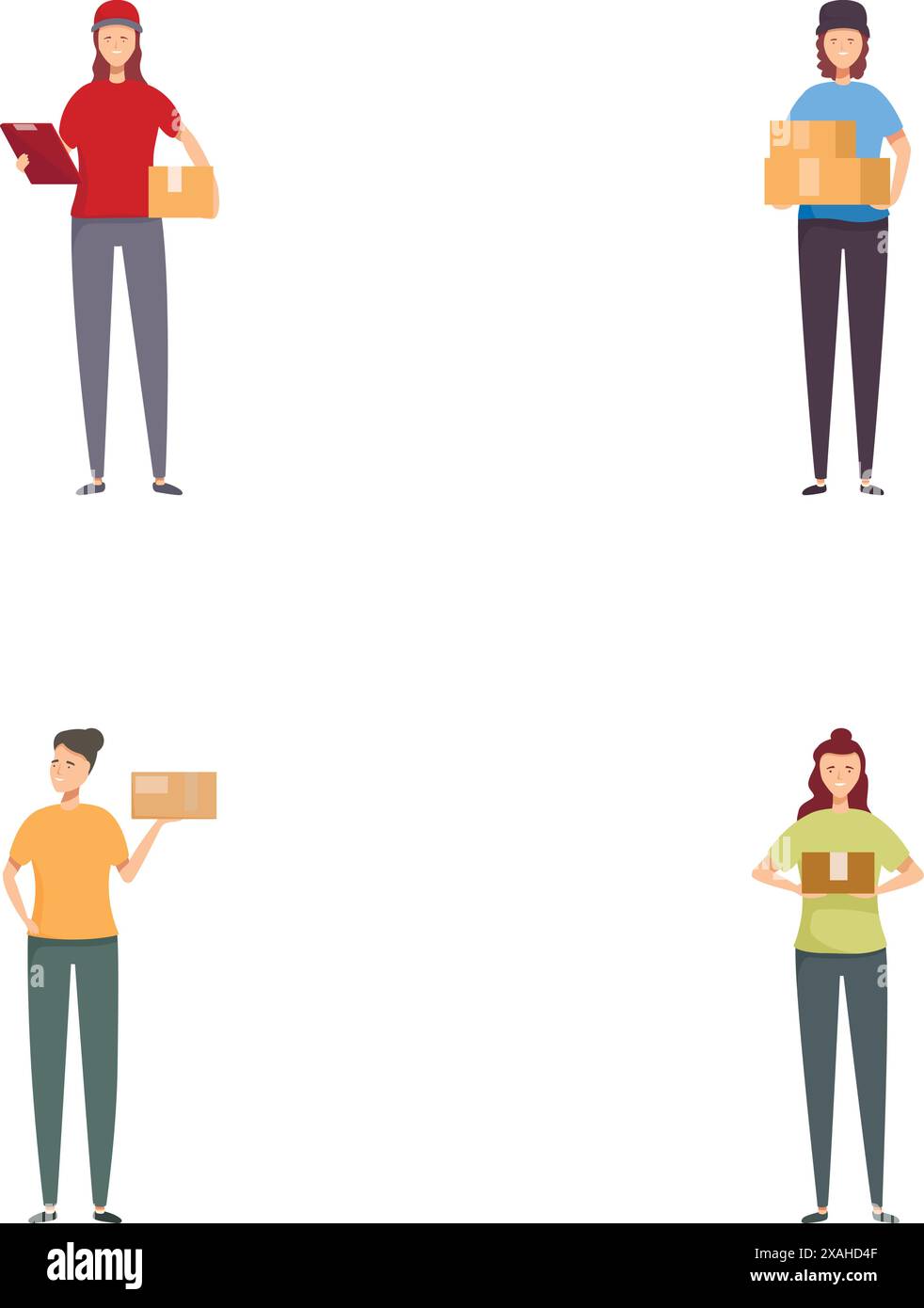 Four cartoon characters depicted as delivery personnel holding parcels ...