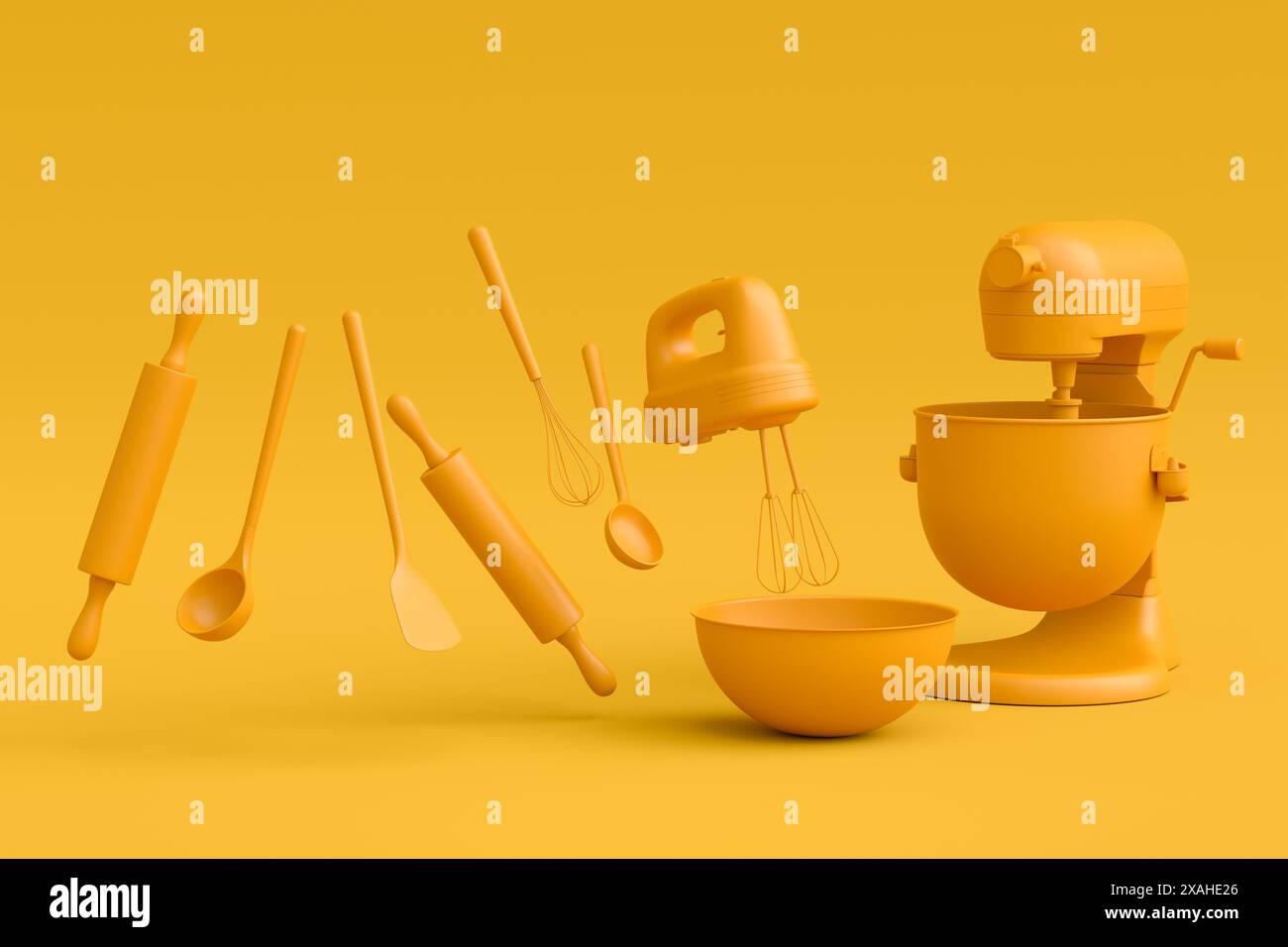 Electric kitchen appliances and utensils for making culinary on yellow ...