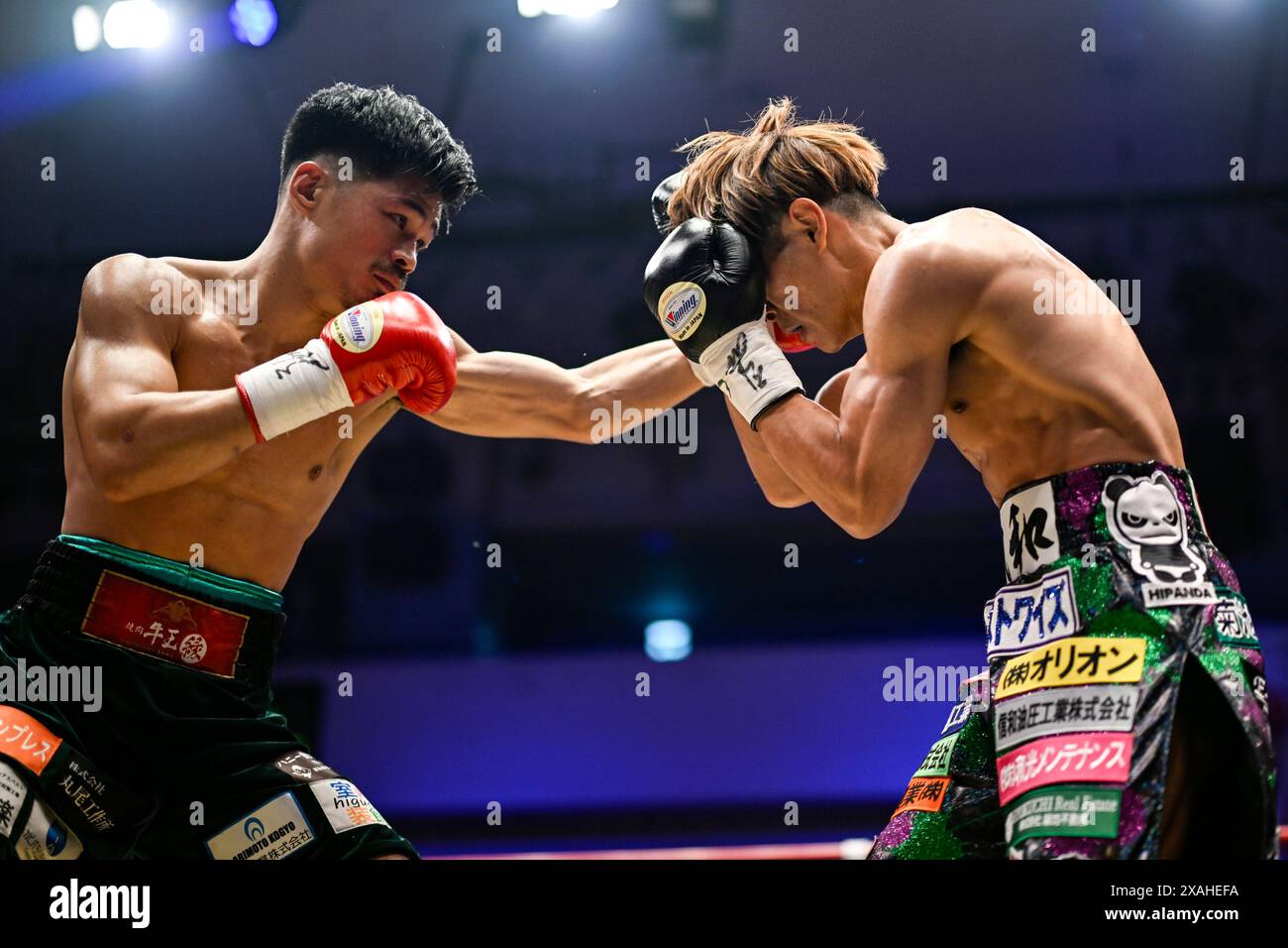 Champion Kosuke Saka (red gloves) and challenger Yamato Hata (black ...