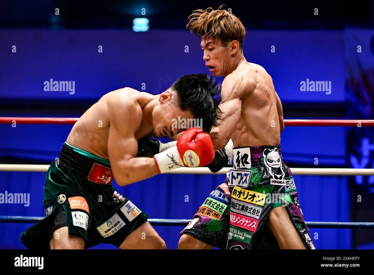 Champion Kosuke Saka (red gloves) and challenger Yamato Hata (black gloves) compete during their ...