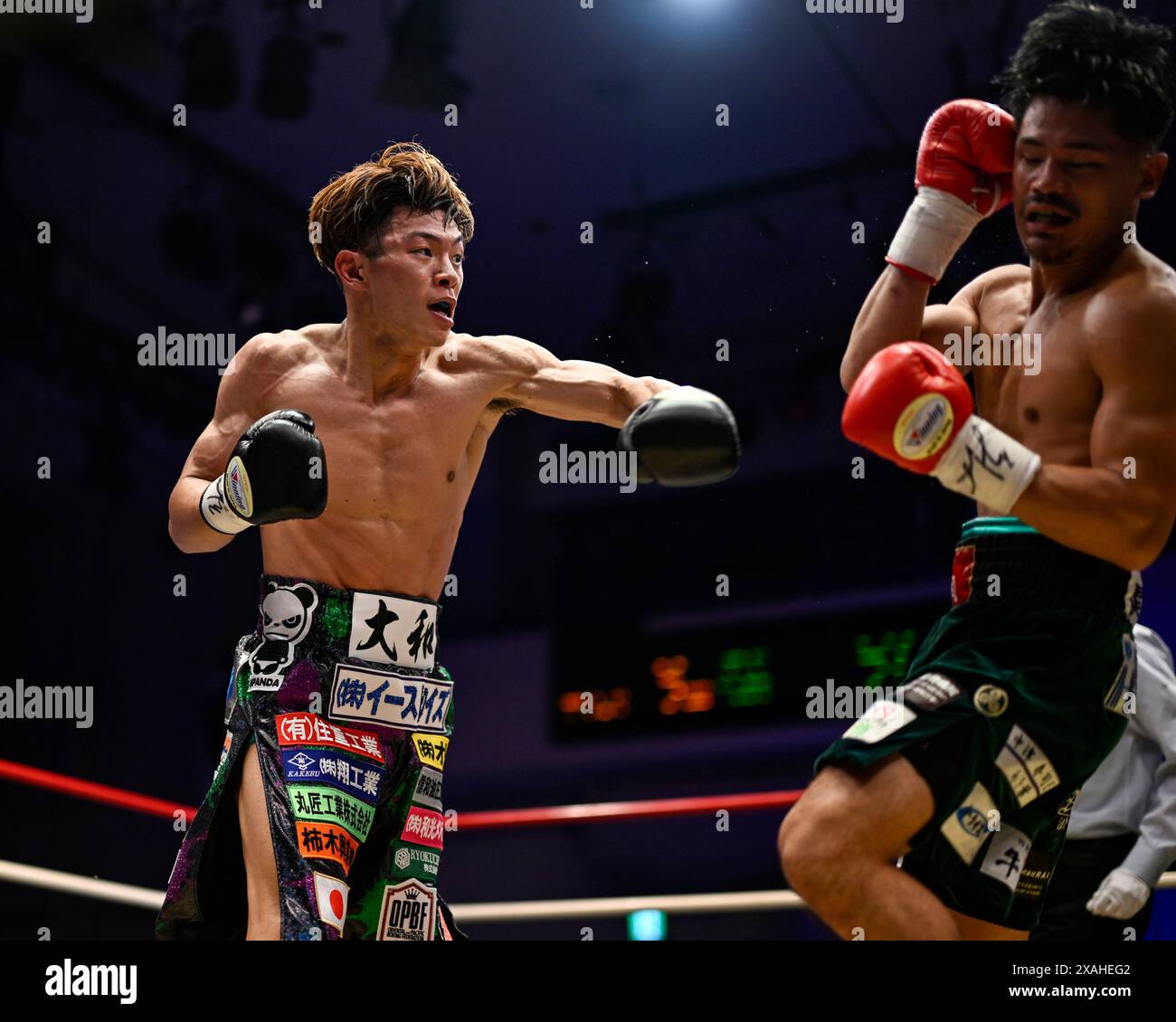Champion Kosuke Saka (red gloves) and challenger Yamato Hata (black gloves) compete during their ...