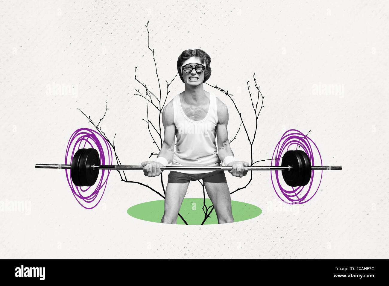 Composite photo collage of serious young sportsman pump biceps hold ...