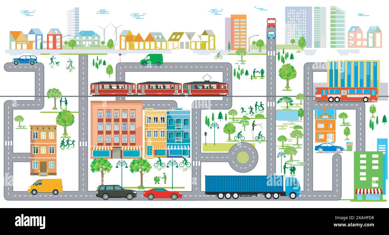 City overview with traffic and houses, information illustration Stock ...