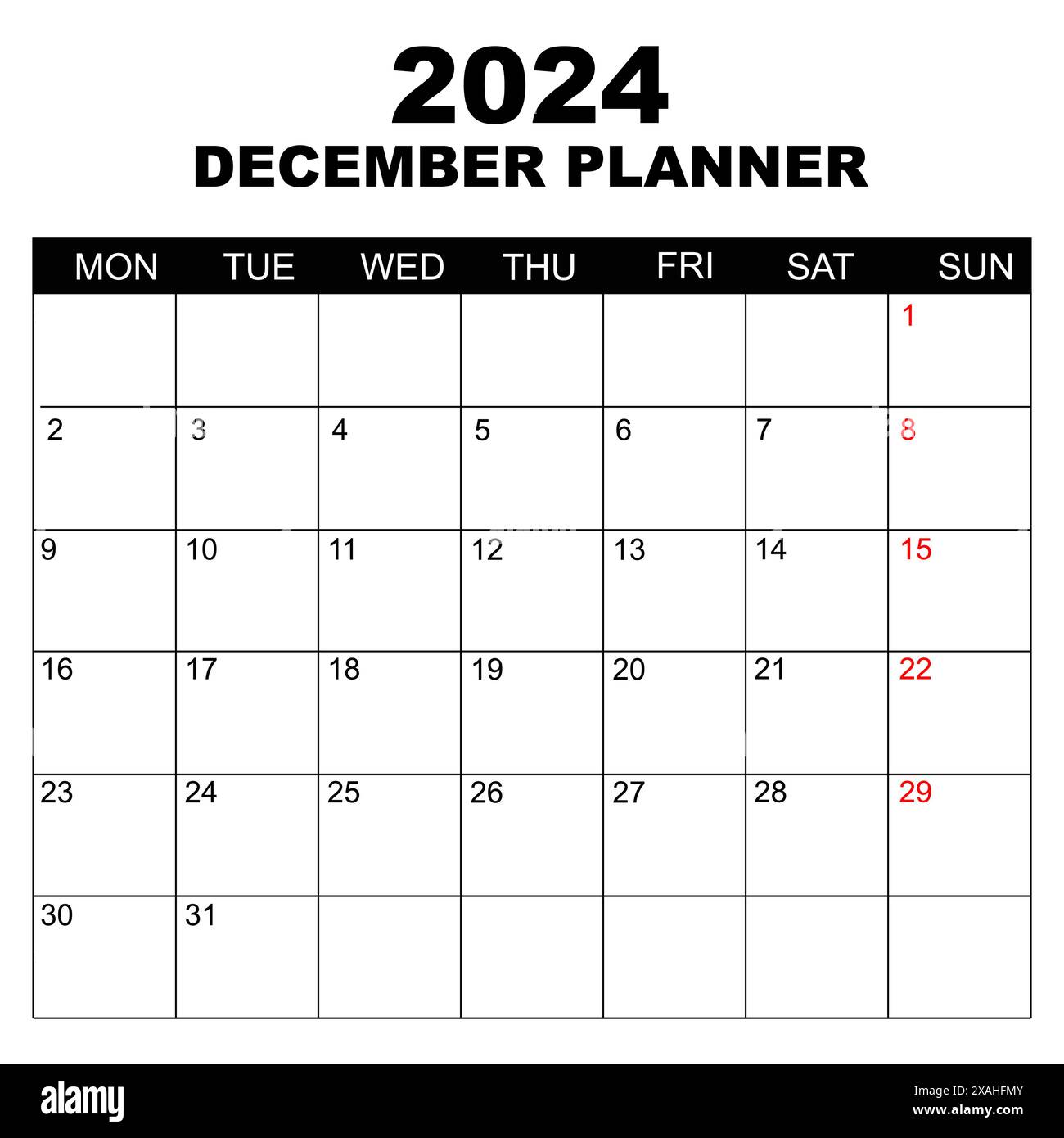 December 2024 Calendar. Week starts on Monday. Blank Calendar Template ...