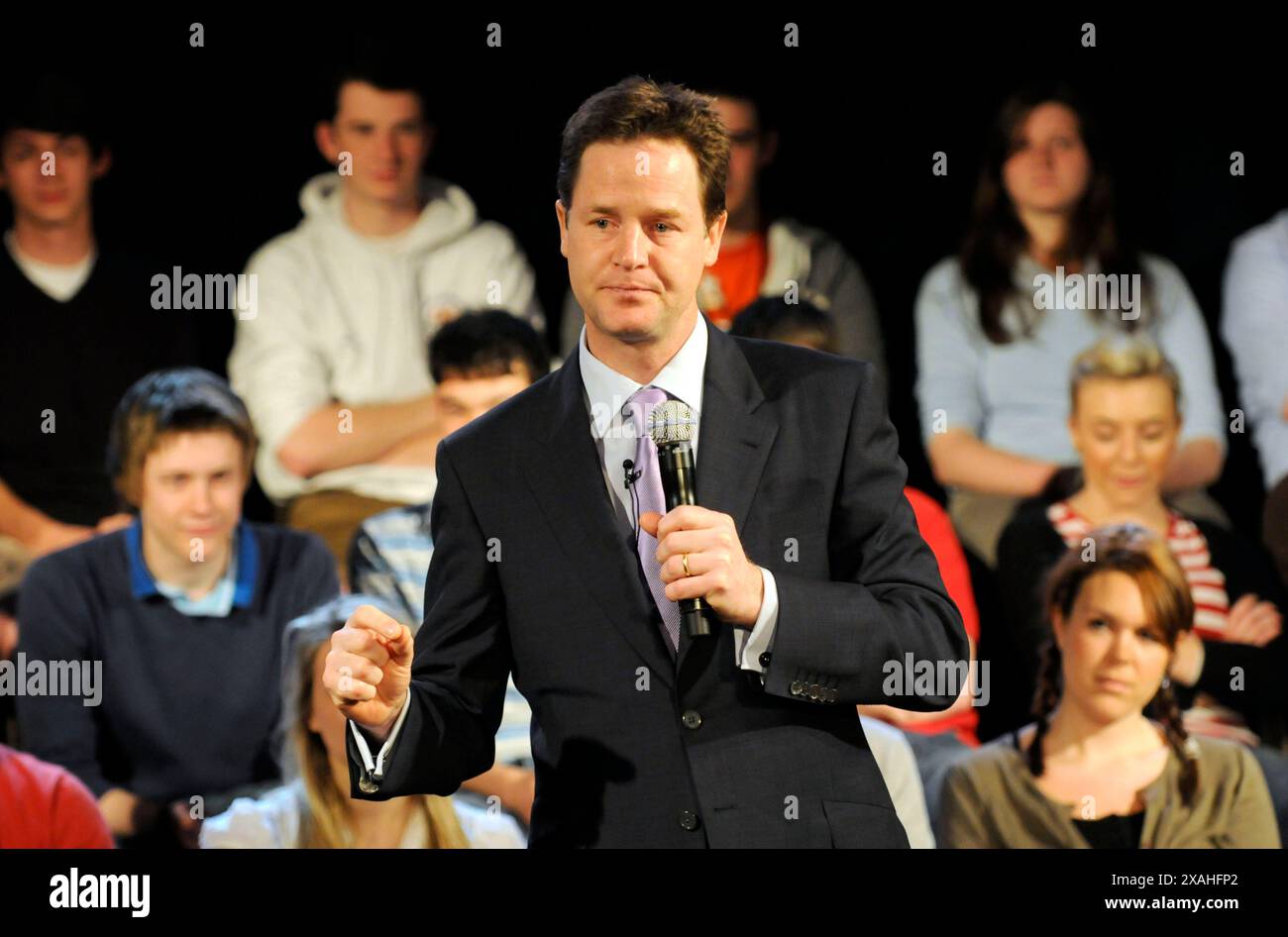 The Liberal Democrat leader Nick Clegg speaking with students at ...