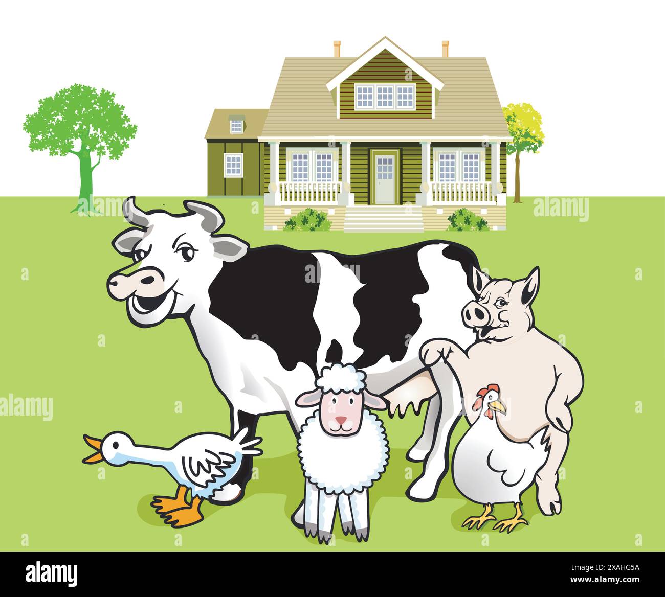 funny farm animals on the pasture with farmhouse, comic illustration ...