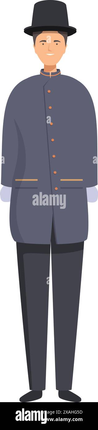 Hotel porter smiling wearing uniform and top hat standing upright ...