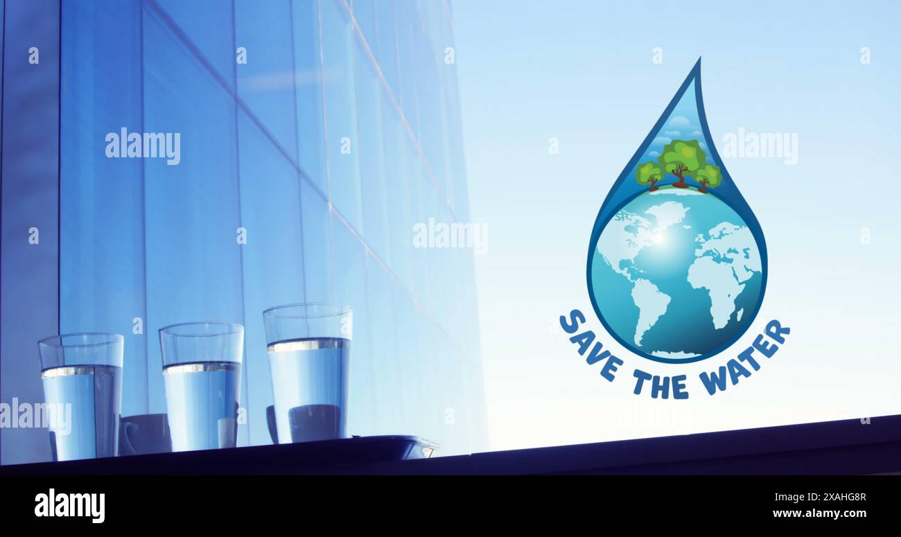 Image of save the water text over glasses of water Stock Photo - Alamy