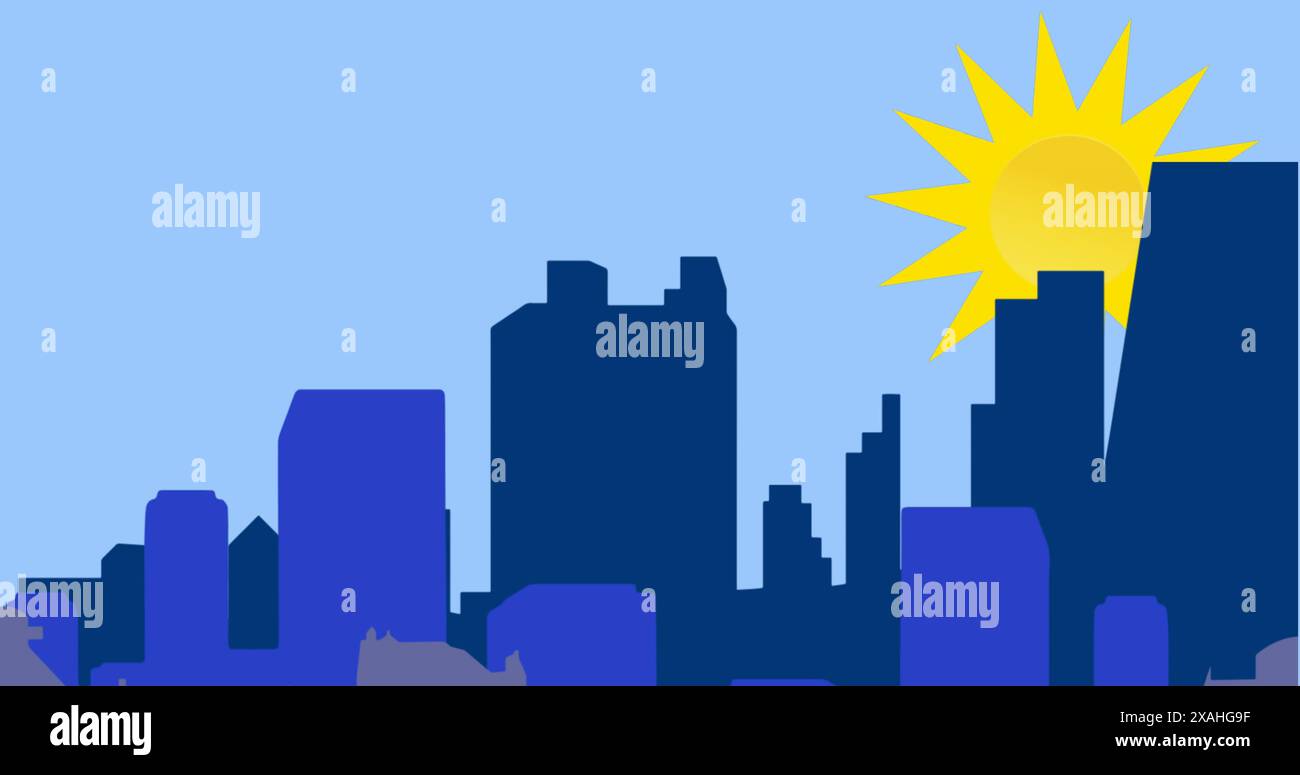 Image of city and sun on blue background Stock Photo - Alamy