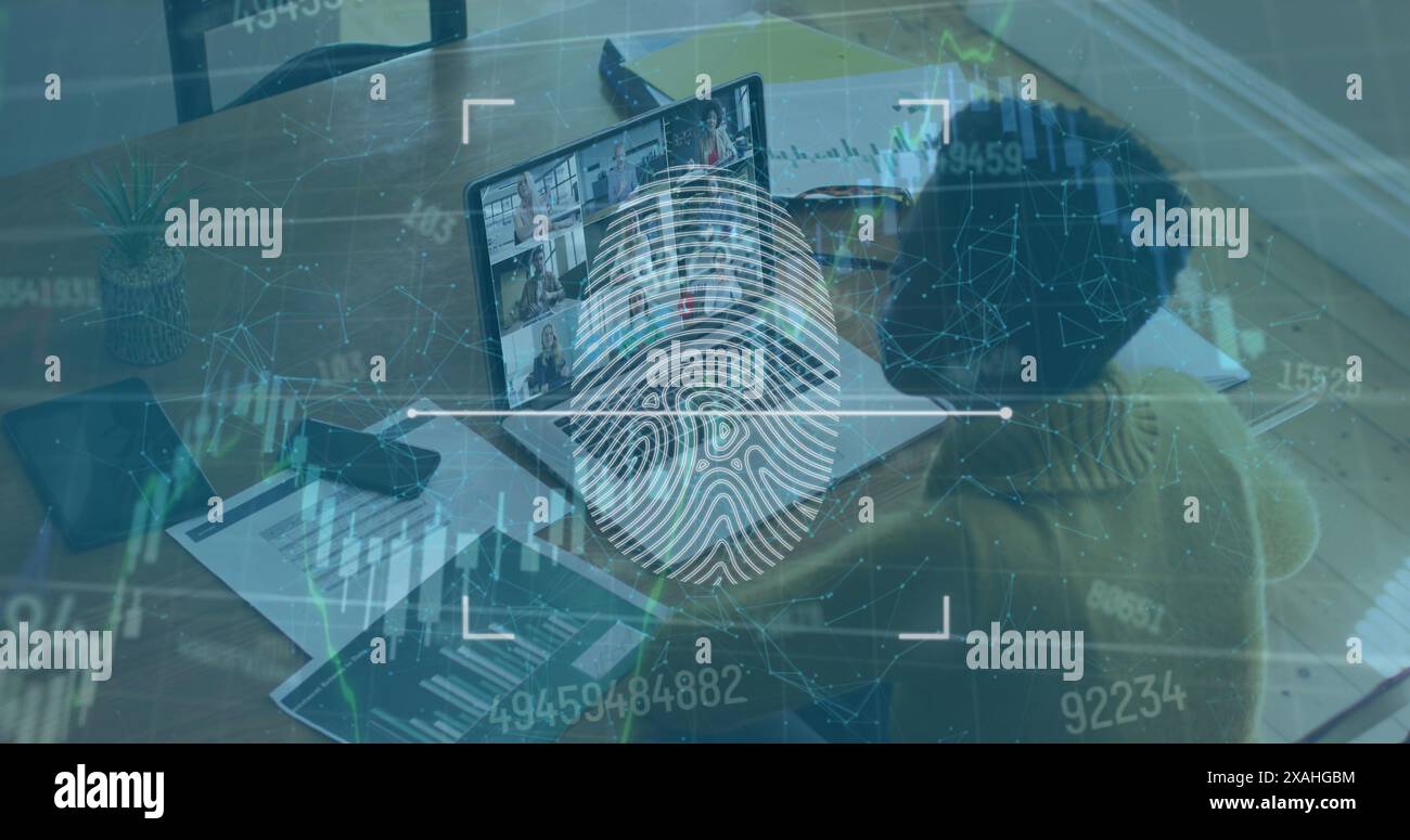 Image of data processing and security fingerprint over woman using ...