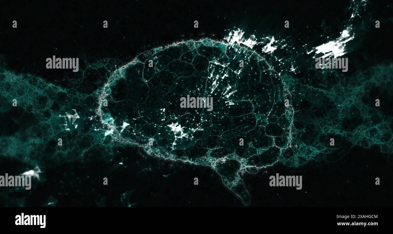Human brain spinning against green digital waves on black background ...