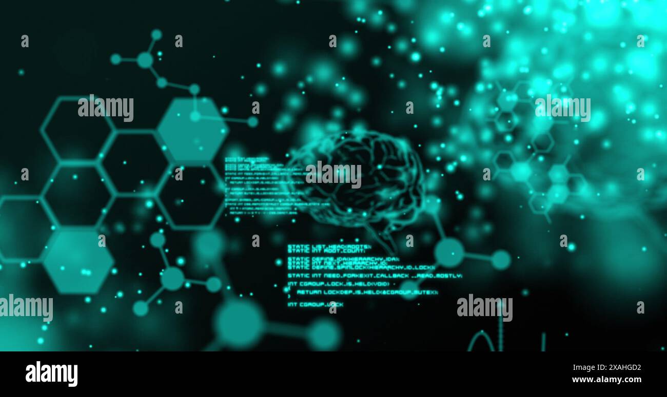 Human brain, chemical structures and data processing against black ...