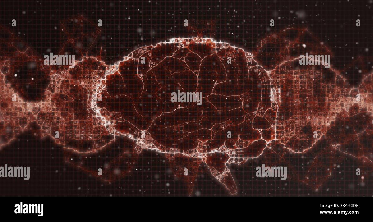 Human brain spinning against red digital waves on black background ...