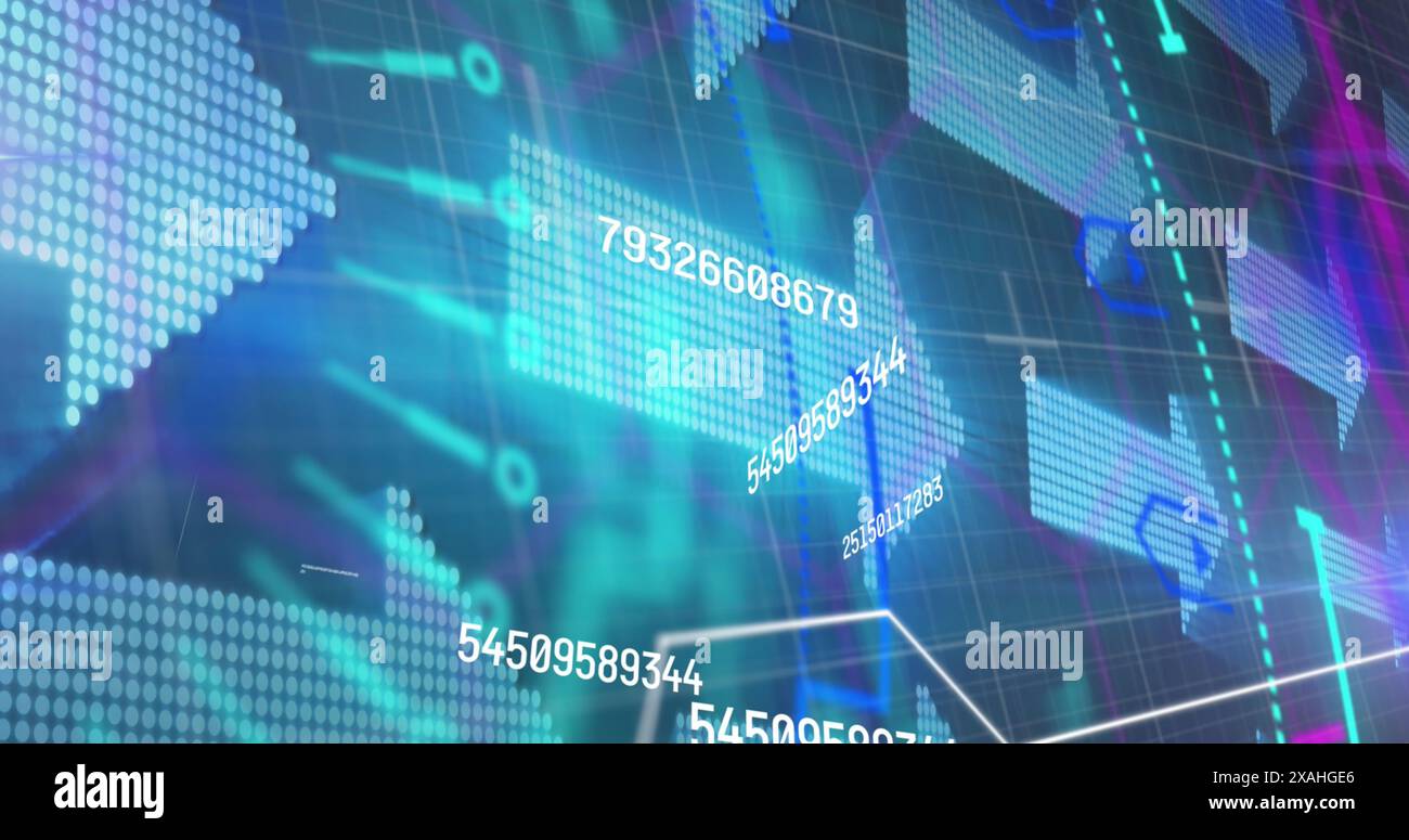Image of processing circle over changing numbers and arrows on navy background, copy space Stock ...