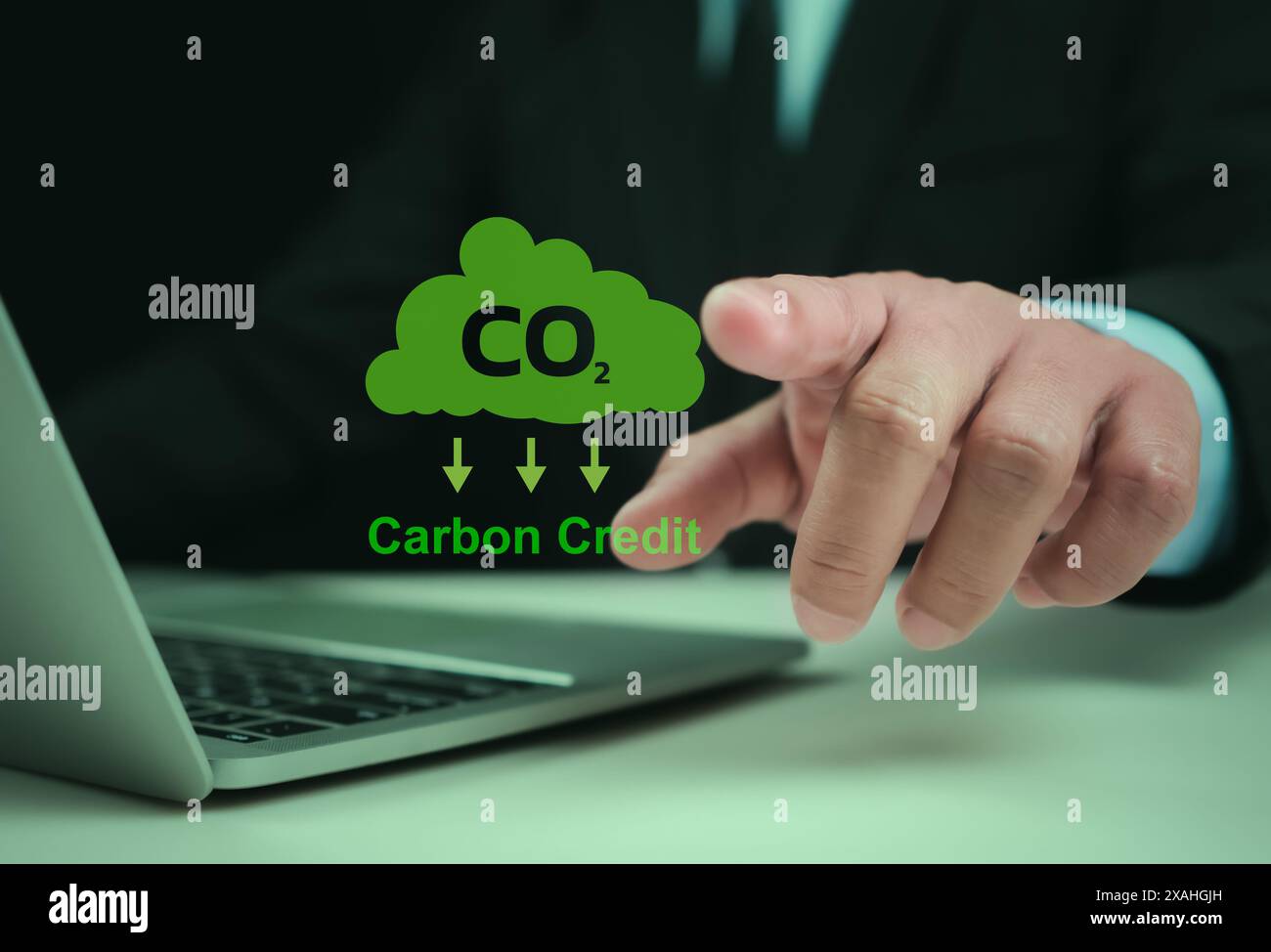 Carbon credit market concept. Businessman uses technology to exchange ...