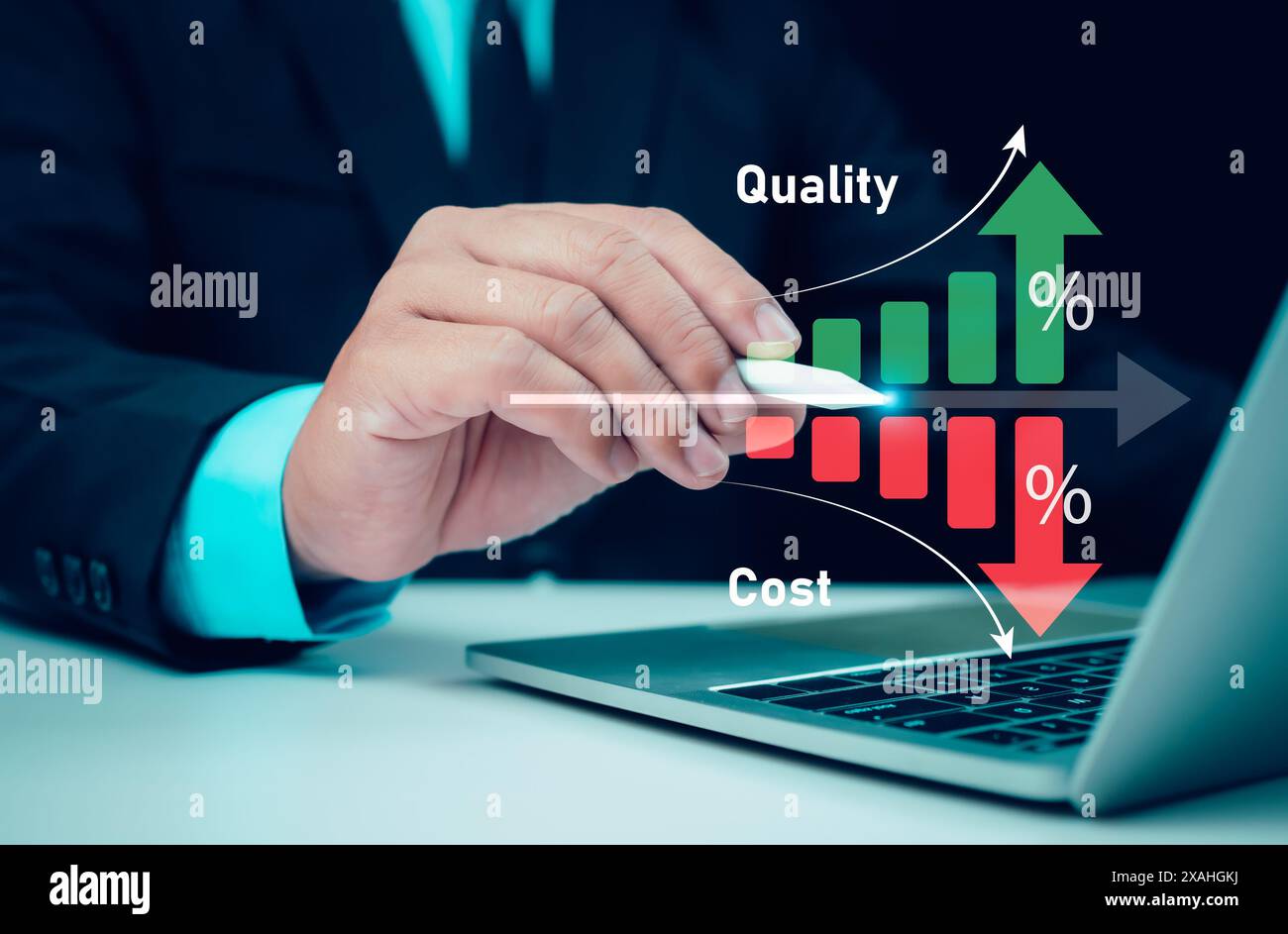 Businessman Working On Computer With Quality Control Growth Graph And