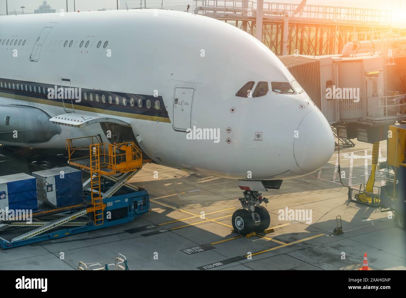 Huge airplane jet connected to terminal via jet bridge Stock Photo - Alamy